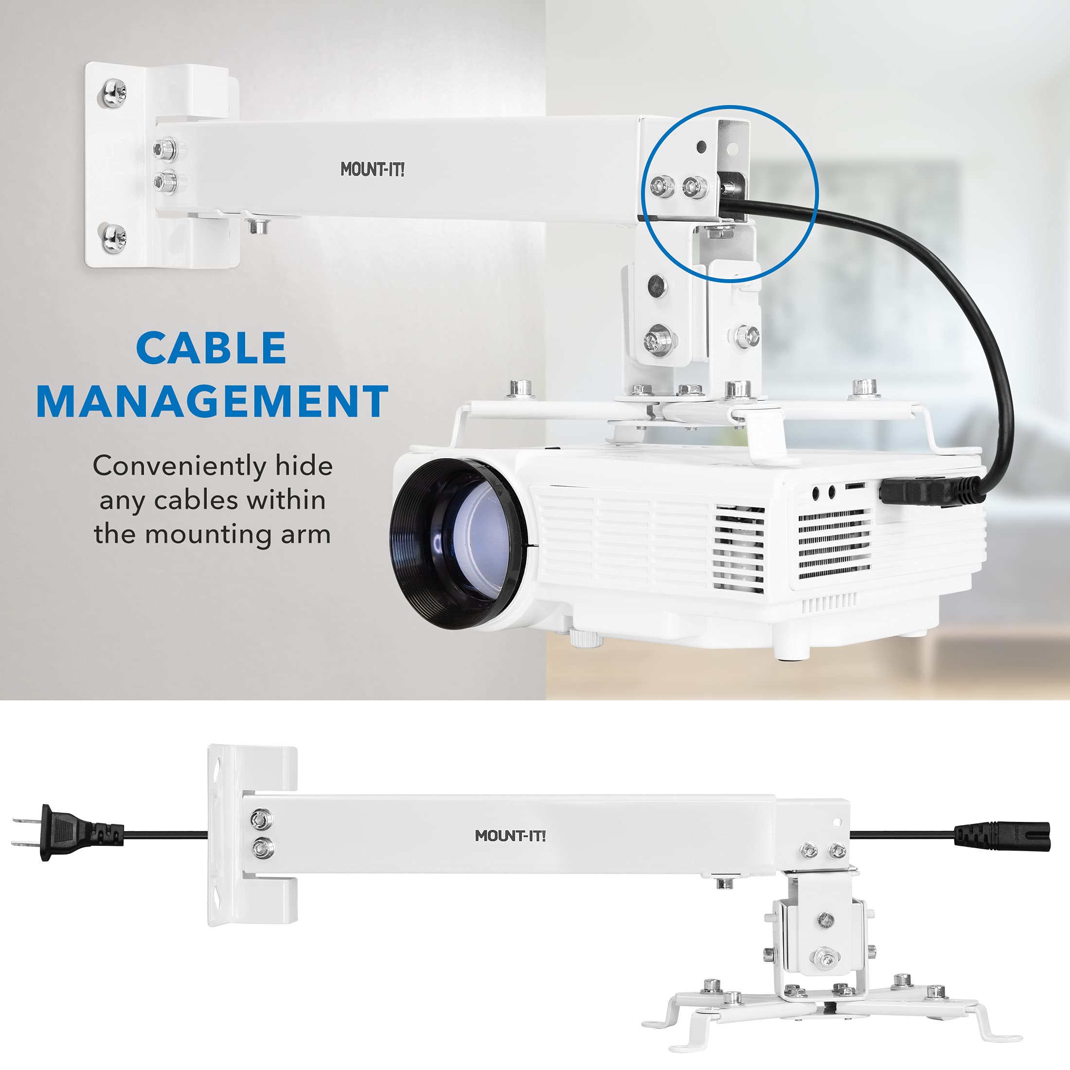 Mount-It! Wall or Ceiling Projector Mount with Universal LCD/DLP Mounting for Epson, Optoma, Benq, ViewSonic Projectors, 44lb Load Capacity, White
