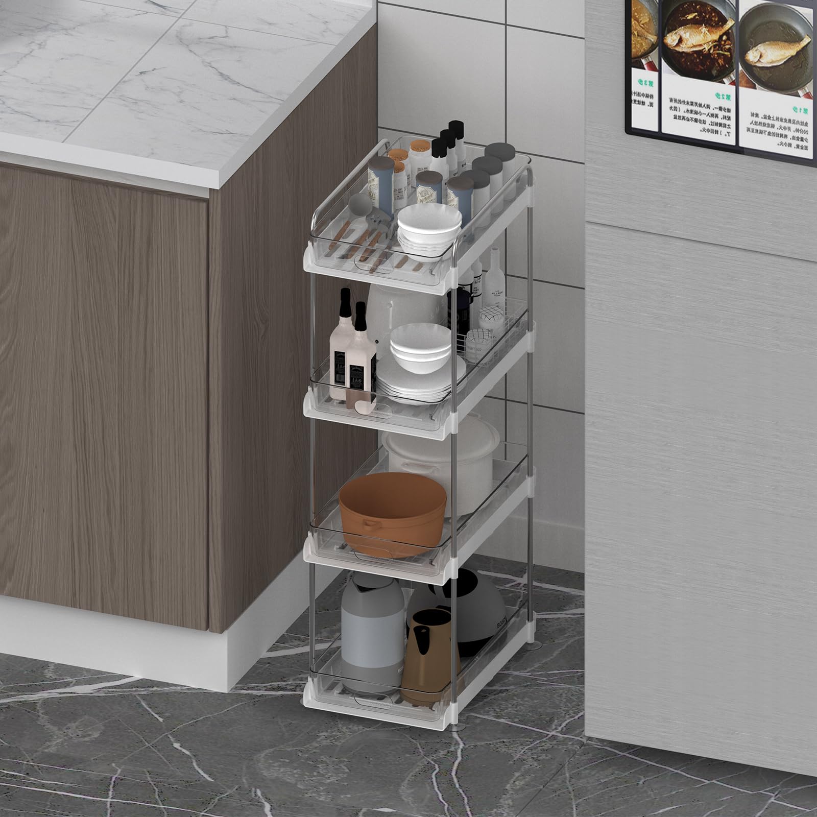 Alwytlon 2 Sets of 2-Tier Under Sink Organizer and Storage, Sliding Bathroom Cabinet Organizer with Hooks, Multi-purpose Pull Out Storage Shelf for Bathroom Kitchen, transparent & White