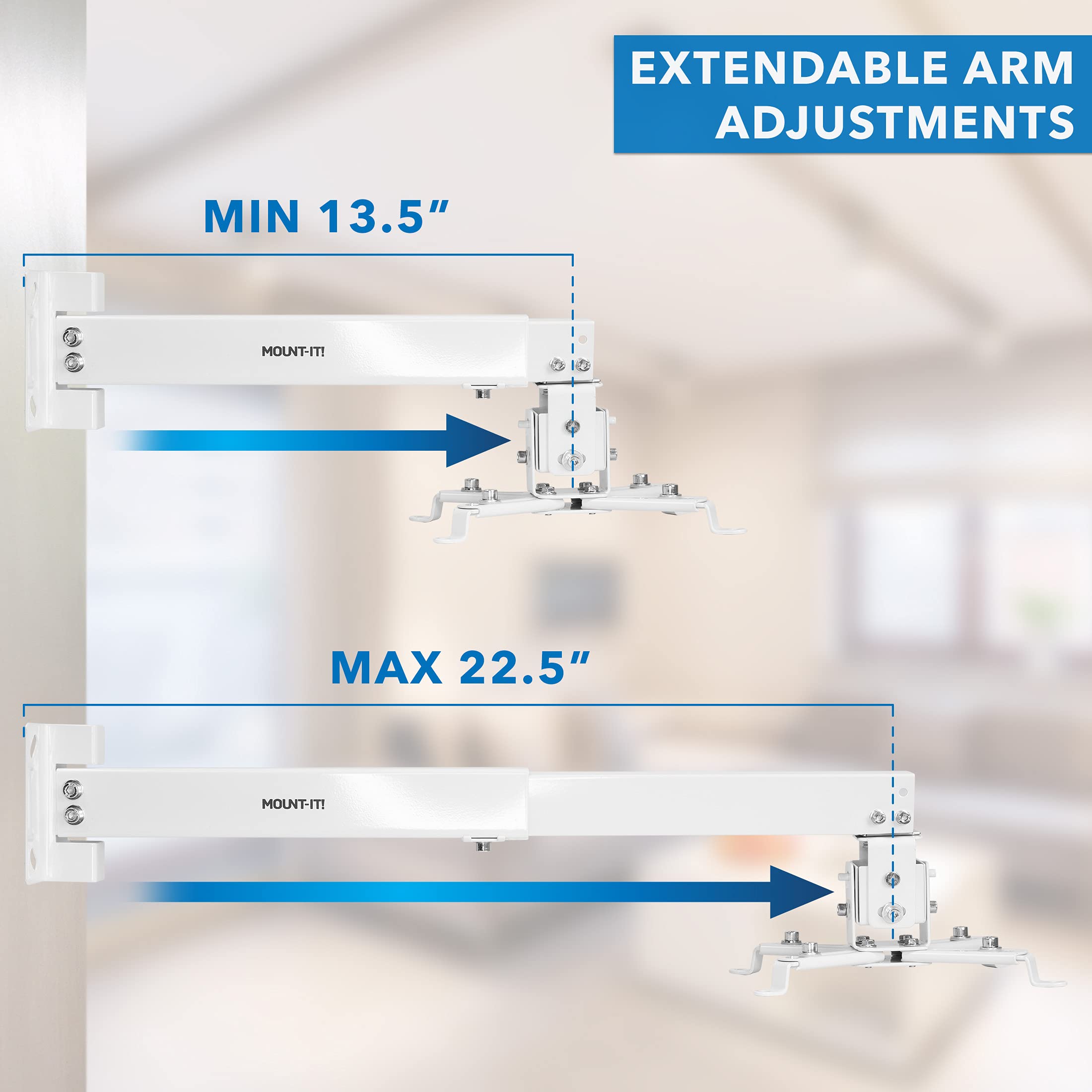 Mount-It! Wall or Ceiling Projector Mount with Universal LCD/DLP Mounting for Epson, Optoma, Benq, ViewSonic Projectors, 44lb Load Capacity, White
