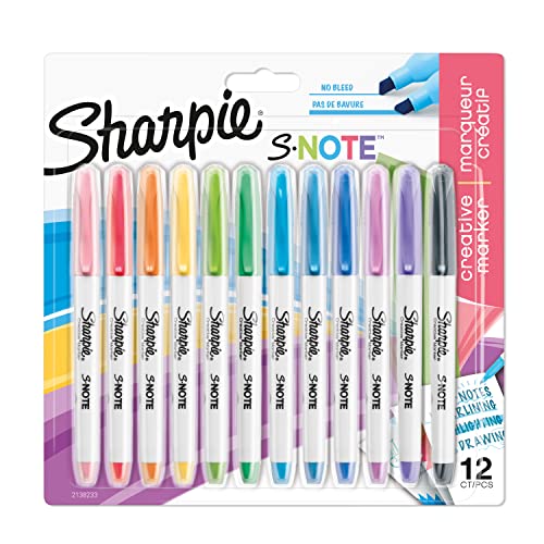 SHARPIE S-Note Creative Colouring Highlighter Pens | Marker Pen to Write, Draw & More | Assorted Pastel Colours | Chisel Tip | 12 Count