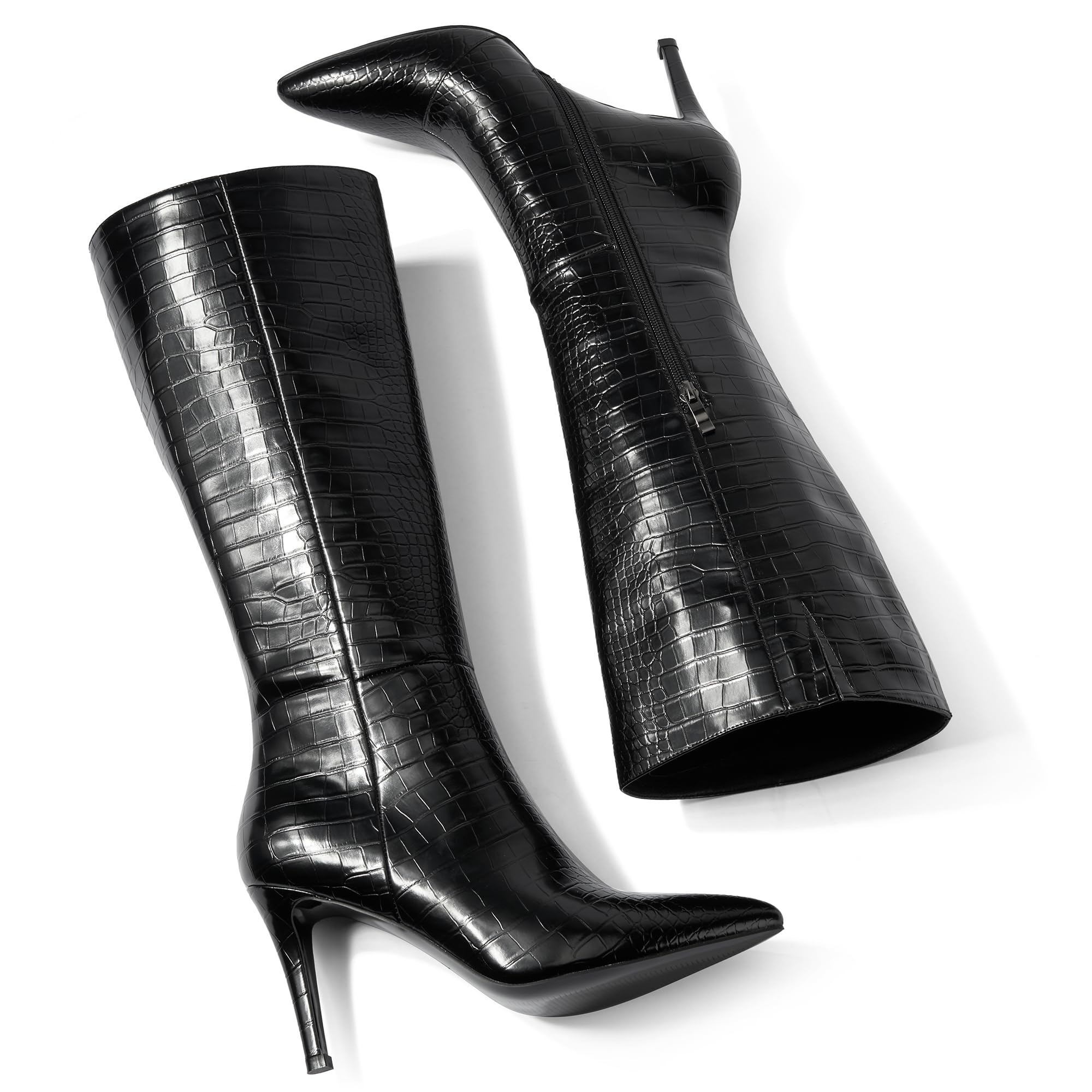 Modatope Boots for Women Knee High Crocodile Black Tall Boots for Women High Heels Side Zipper Fall Boots Pointed Toe Long Boots Women Size 7
