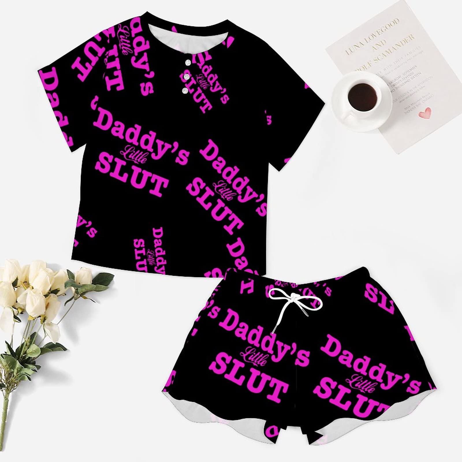 Daddy's Little Slut Women's Pajama Set Short Sleeve Sleepwear Lounge Set 2 Piece Pjs with Pocket 3XL