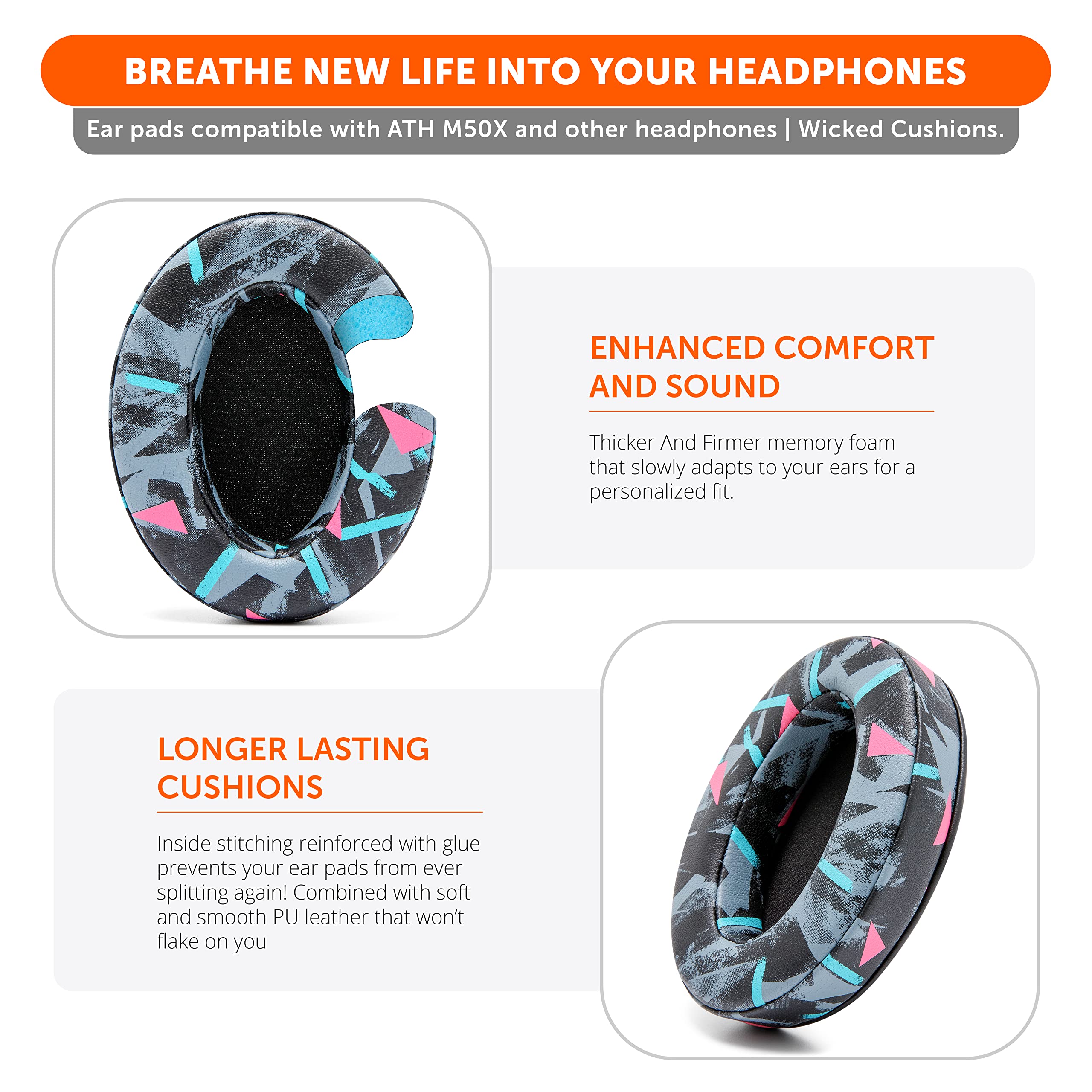 WC Wicked Cushions PadZ - Thick & Soft Ear Pads for ATH M50X / M40X / SteelSeries Arctis/HyperX Cloud & Alpha/Logitech G Pro X/Compatible with Over 50 Headphones | 90s Black