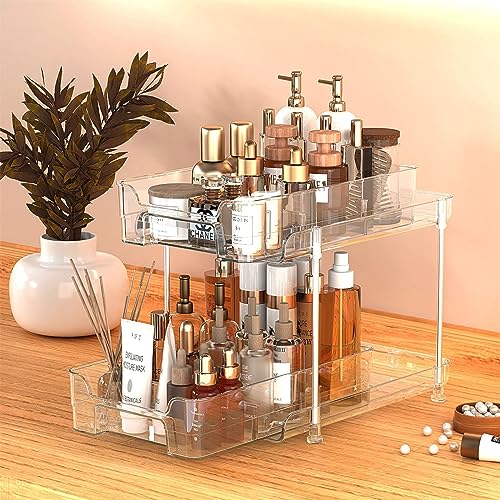 Mezdbrud Bathroom Organizer, Bathroom Counter Organizer 2 Tiers Clear Under the Sink Organizer Kitchen Organizers Storage Pull Out Cabinet Organizer Makeup Organizer for Vanity Perfume Tray (2 Tiers)