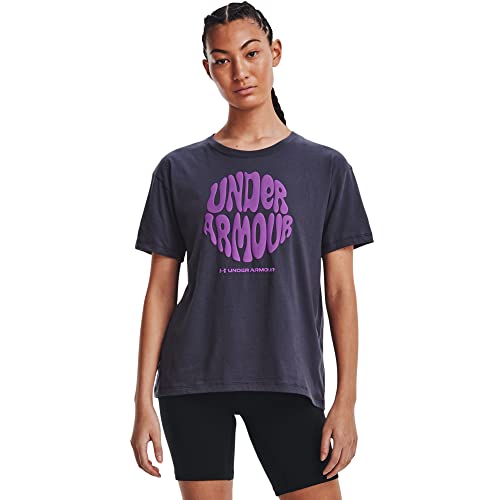 Under Armour Women's Standard Grovey Wordmark Short Sleeve T-Shirt, (558) Tempered Steel / / Lunar Purple, Large