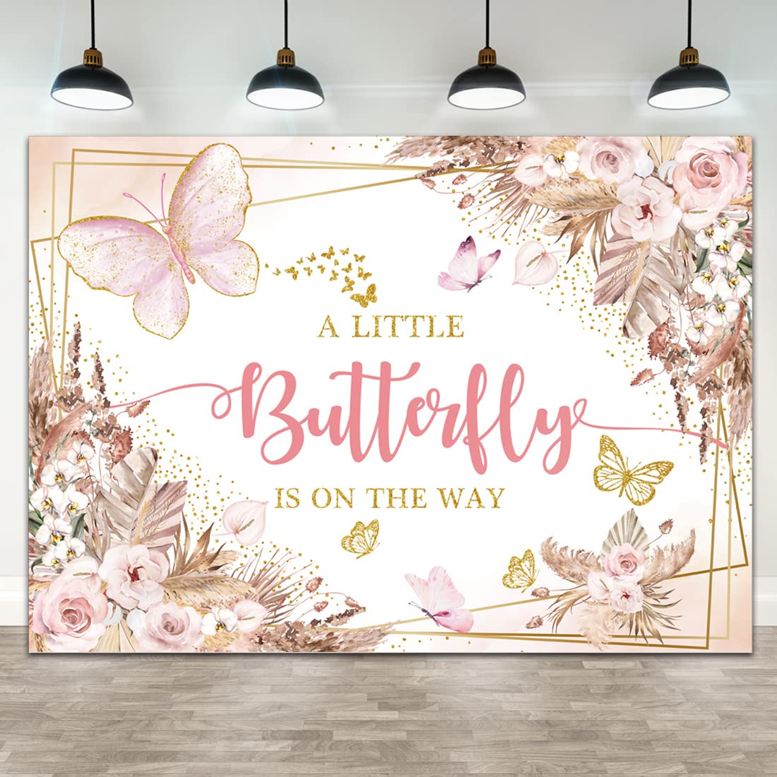 Wollmix Butterfly Baby Shower Decoration for Girl Backdrop 7x5ft A Little Butterfly is on The Way Boho Pink Florals Flowers Photography Background Gold Dost Princess Banner Photo Booth Supplies Props
