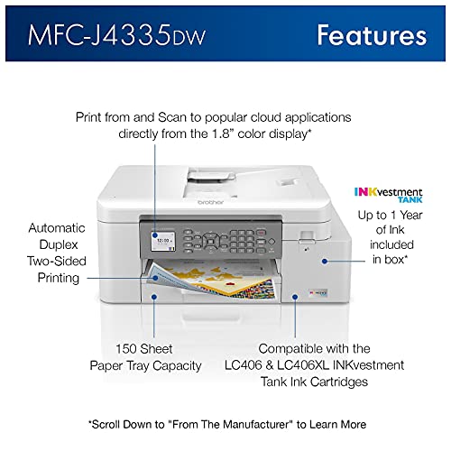 Brother INKvestment Tank MFC-J4335DWB Wireless Color All-in-One Inkjet Printer, White - Print Copy Scan Fax - 20 ppm, 4800 x 1200 dpi, Auto Duplex Printing, 20-Sheet ADF, CBMOUN Printer Cable