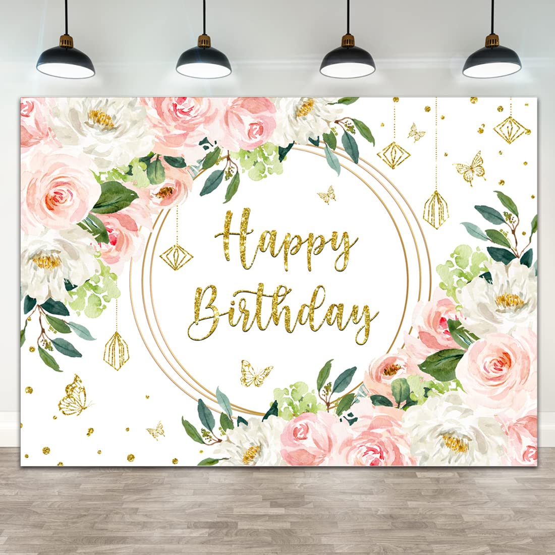 Wollmix Happy Birthday Banner Backdrop Decorations 7x5ft Party Sweet 16 Girls Women Pink Florals Butterfly Gold Dots Photography Background Supplies Photo Booth Studio Cake Table