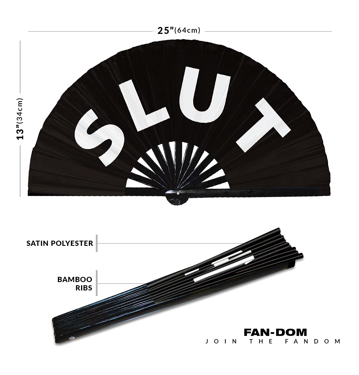 Slut hand fan foldable bamboo circuit rave hand fans skank hoe tramp words expressions funny statement gag gifts Festival accessories (Black)