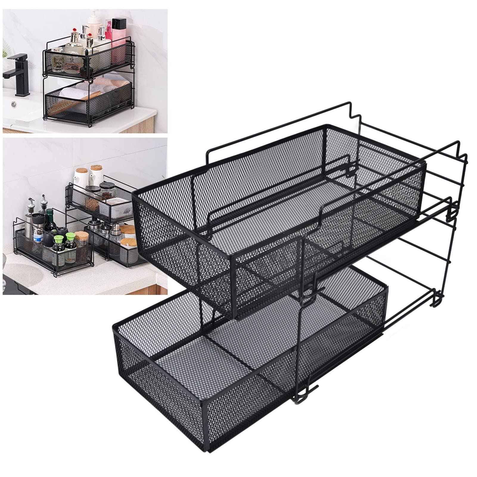 RIAAJ Kitchen Sink Shelf 2 Tier Metal Mesh Storage Baskets Organizer Kitchen Storage Drawer Basket Multilayer Kitchen Shelf Under Sink Drawer Large Capacity Storage Shelf Kitchen Sink Organizer