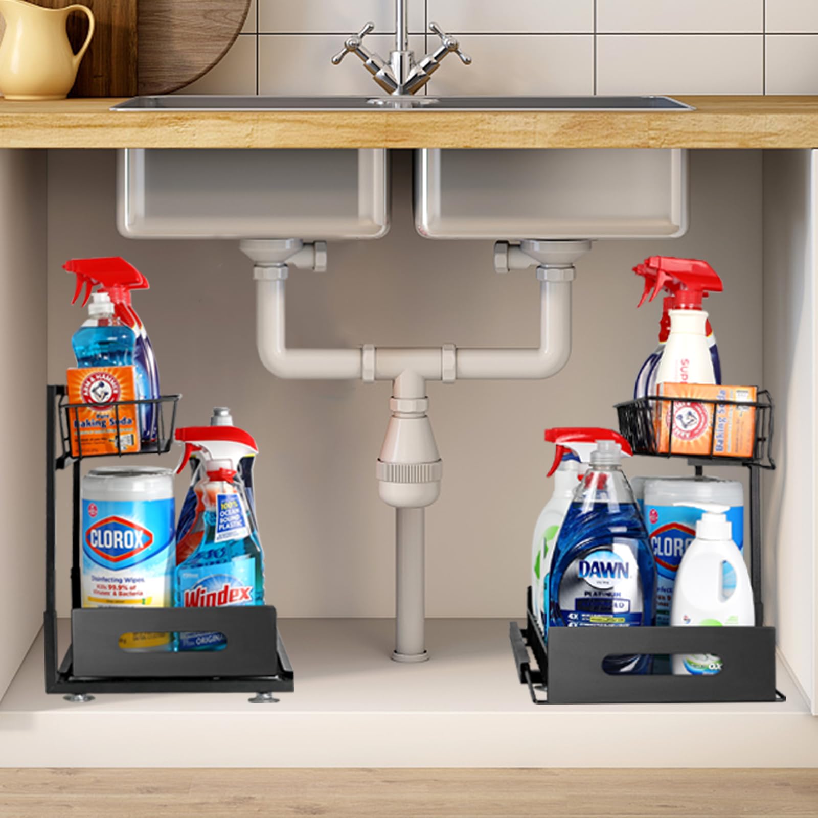 Coyeth Under Sink Organizer, Height Adjustable Metal 2-Tier Pull Out Cabinet Organizer Under Kitchen Sink Organizer, L Shaped Slide Out Sink Shelf, Under Cabinet Storage for Kitchen Bathroom