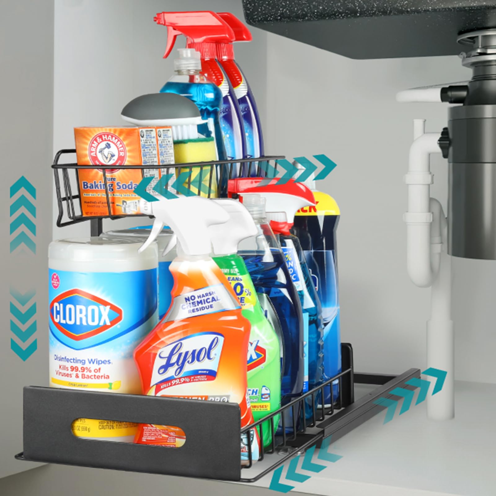 Coyeth Under Sink Organizer, Height Adjustable Metal 2-Tier Pull Out Cabinet Organizer Under Kitchen Sink Organizer, L Shaped Slide Out Sink Shelf, Under Cabinet Storage for Kitchen Bathroom