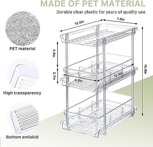 3 Tier Clear Bathroom Storage Organizer with Dividers, Pull Out Under Sink Organizers and Storage, Multi-Purpose Cabinet Organizers and Storage for Bathroom, Kitchen, Pantry, Vanity, Countertop