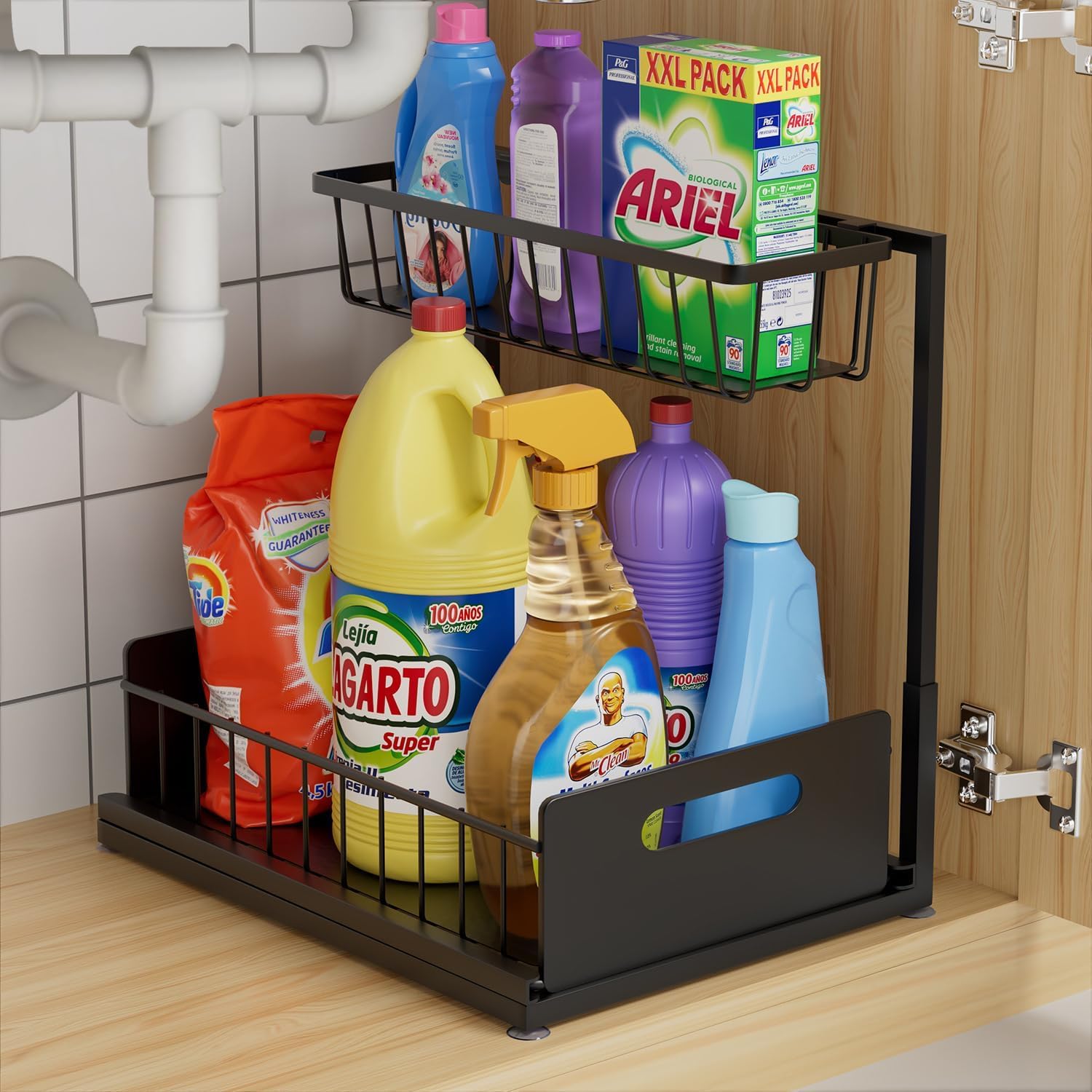Organizer and Storage, Under Sink, Countertop, Bathroom Vanity Top, Cabinets, Tabletop Storage Organizer +GIFT 4 Hooks and Hanging Cup, 2 Tier, Bathroom or Vanity, Slide Out Shelf, Black Metal No rust