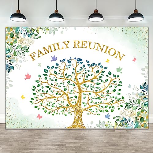 Wollmix Family Reunion Decorations Backdrop Banner Family Tree Leaves Members Welcome Signs Photography Background Gathering Gold and Green Supplies Photo Banner Booth Props 7x5ft