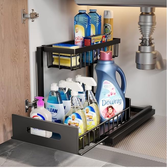 Organizer and Storage, Under Sink, Countertop, Bathroom Vanity Top, Cabinets, Tabletop Storage Organizer +GIFT 4 Hooks and Hanging Cup, 2 Tier, Bathroom or Vanity, Slide Out Shelf, Black Metal No rust