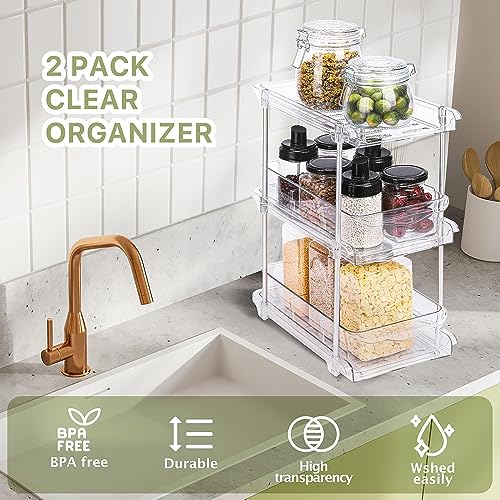 3 Tier Clear Bathroom Storage Organizer with Dividers, Pull Out Under Sink Organizers and Storage, Multi-Purpose Cabinet Organizers and Storage for Bathroom, Kitchen, Pantry, Vanity, Countertop
