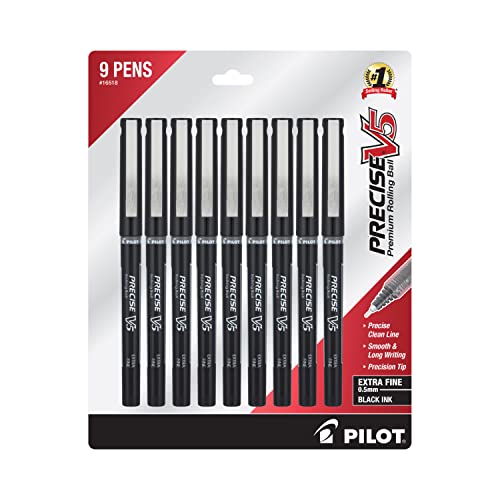 PILOT Precise V5 Stick Liquid Ink Rolling Ball Stick Pens, Extra Fine Point (0.5mm) Black Ink, 9-Pack