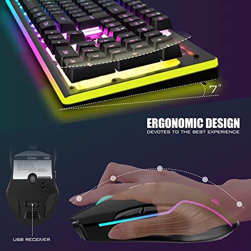 RedThunder K10 Wireless Gaming Keyboard and Mouse Combo, LED Backlit Rechargeable 3800mAh Battery, Mechanical Feel Anti-ghosting Keyboard + 7D 3200DPI Mice for PC Gamer (Black)