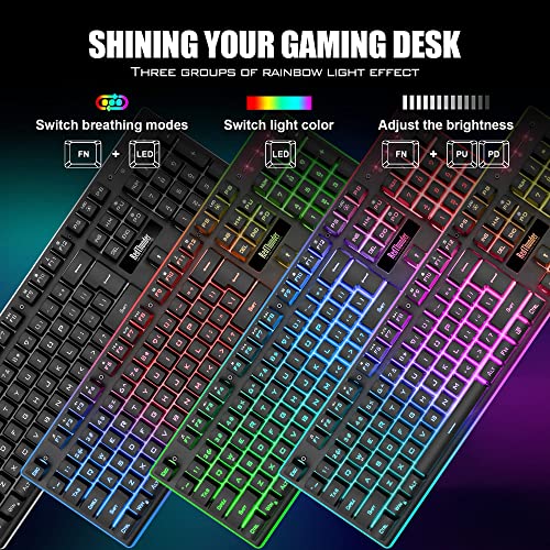 RedThunder K10 Wireless Gaming Keyboard and Mouse Combo, LED Backlit Rechargeable 3800mAh Battery, Mechanical Feel Anti-ghosting Keyboard + 7D 3200DPI Mice for PC Gamer (Black)