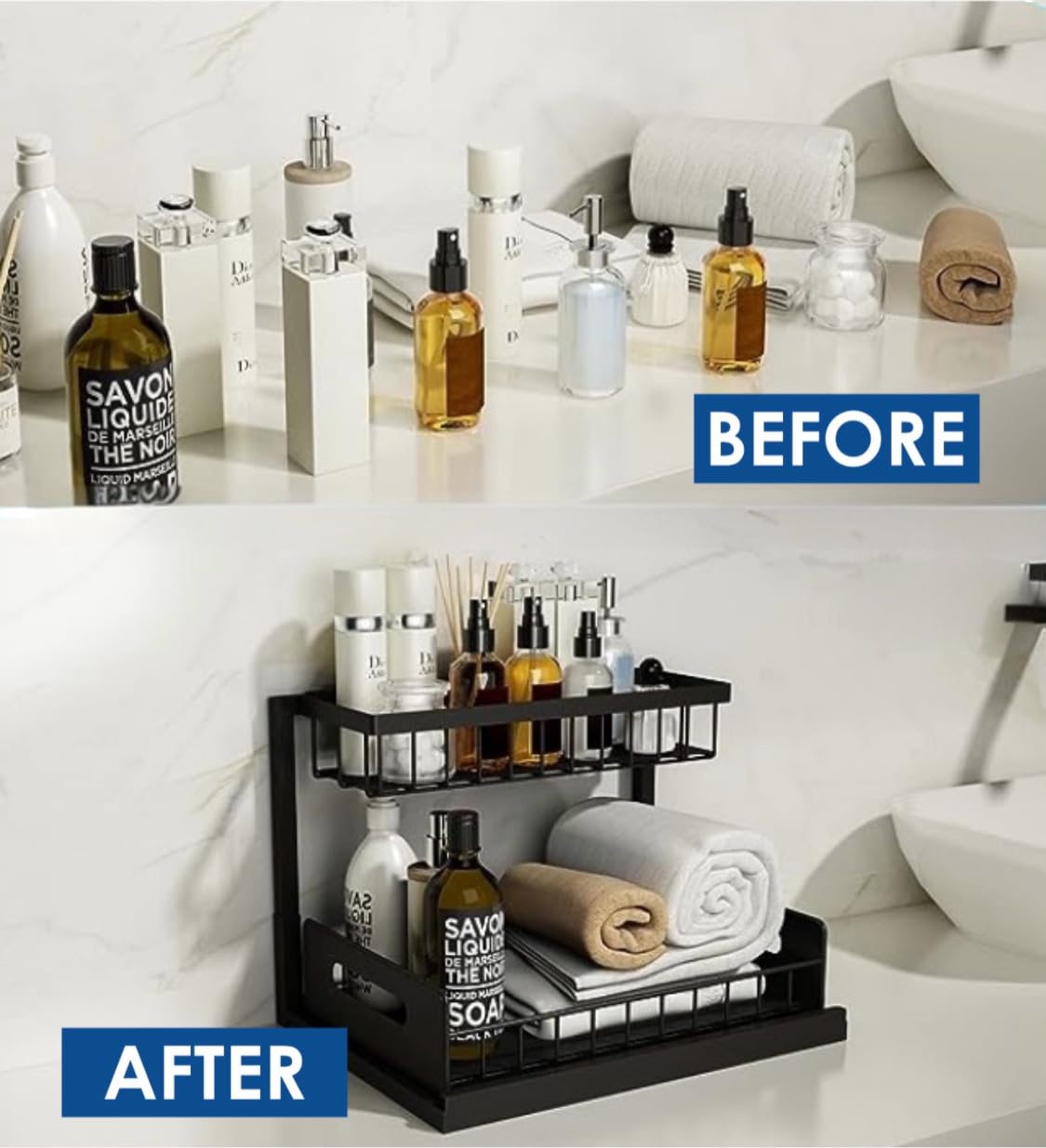Organizer and Storage, Under Sink, Countertop, Bathroom Vanity Top, Cabinets, Tabletop Storage Organizer +GIFT 4 Hooks and Hanging Cup, 2 Tier, Bathroom or Vanity, Slide Out Shelf, Black Metal No rust