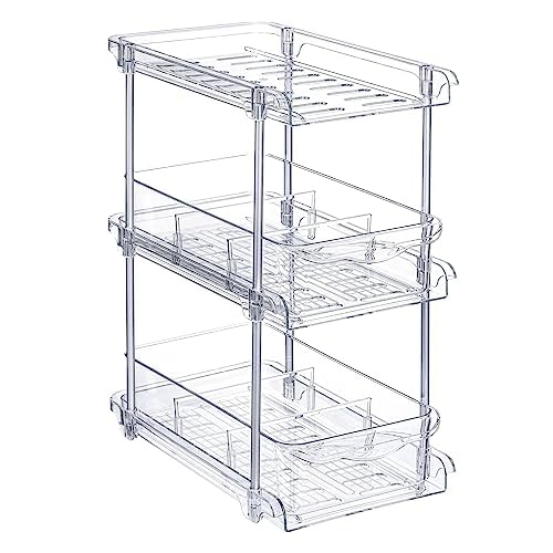 3 Tier Clear Bathroom Storage Organizer with Dividers, Pull Out Under Sink Organizers and Storage, Multi-Purpose Cabinet Organizers and Storage for Bathroom, Kitchen, Pantry, Vanity, Countertop