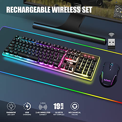 RedThunder K10 Wireless Gaming Keyboard and Mouse Combo, LED Backlit Rechargeable 3800mAh Battery, Mechanical Feel Anti-ghosting Keyboard + 7D 3200DPI Mice for PC Gamer (Black)