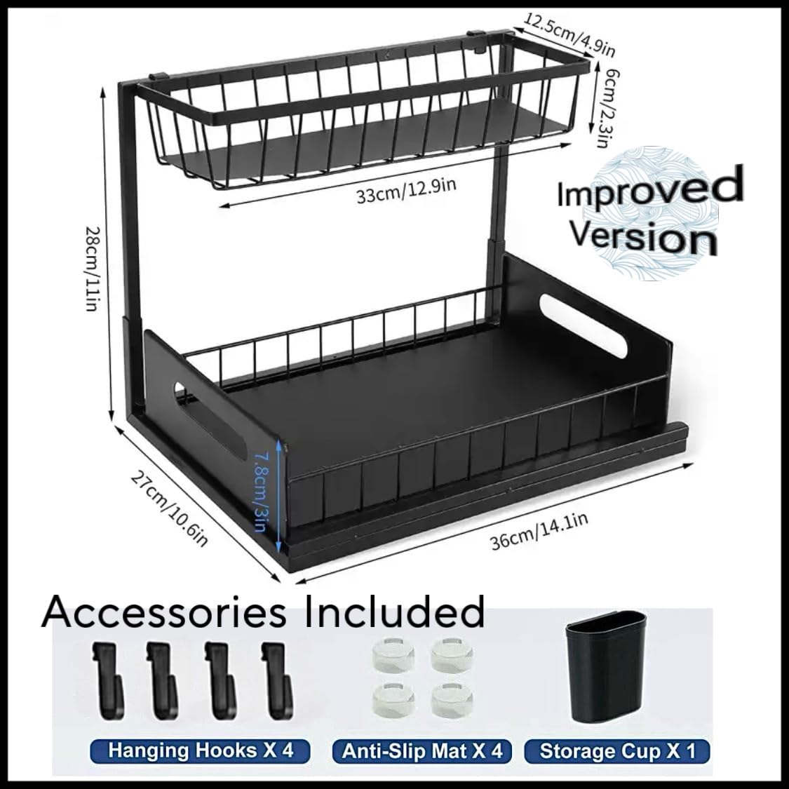 Organizer and Storage, Under Sink, Countertop, Bathroom Vanity Top, Cabinets, Tabletop Storage Organizer +GIFT 4 Hooks and Hanging Cup, 2 Tier, Bathroom or Vanity, Slide Out Shelf, Black Metal No rust