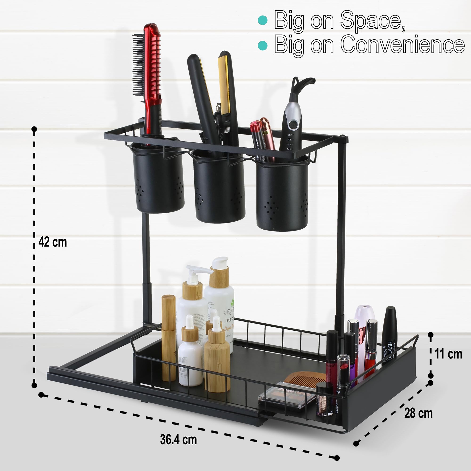Kamsea Hair Tool Organizer For Bathroom Under Sink for Hair Dryer, Flat Irons, Curling Wands, Hair Straighteners – 2-in-1 Cosmetic Storage with Pull-Out Tray [2 Mats]