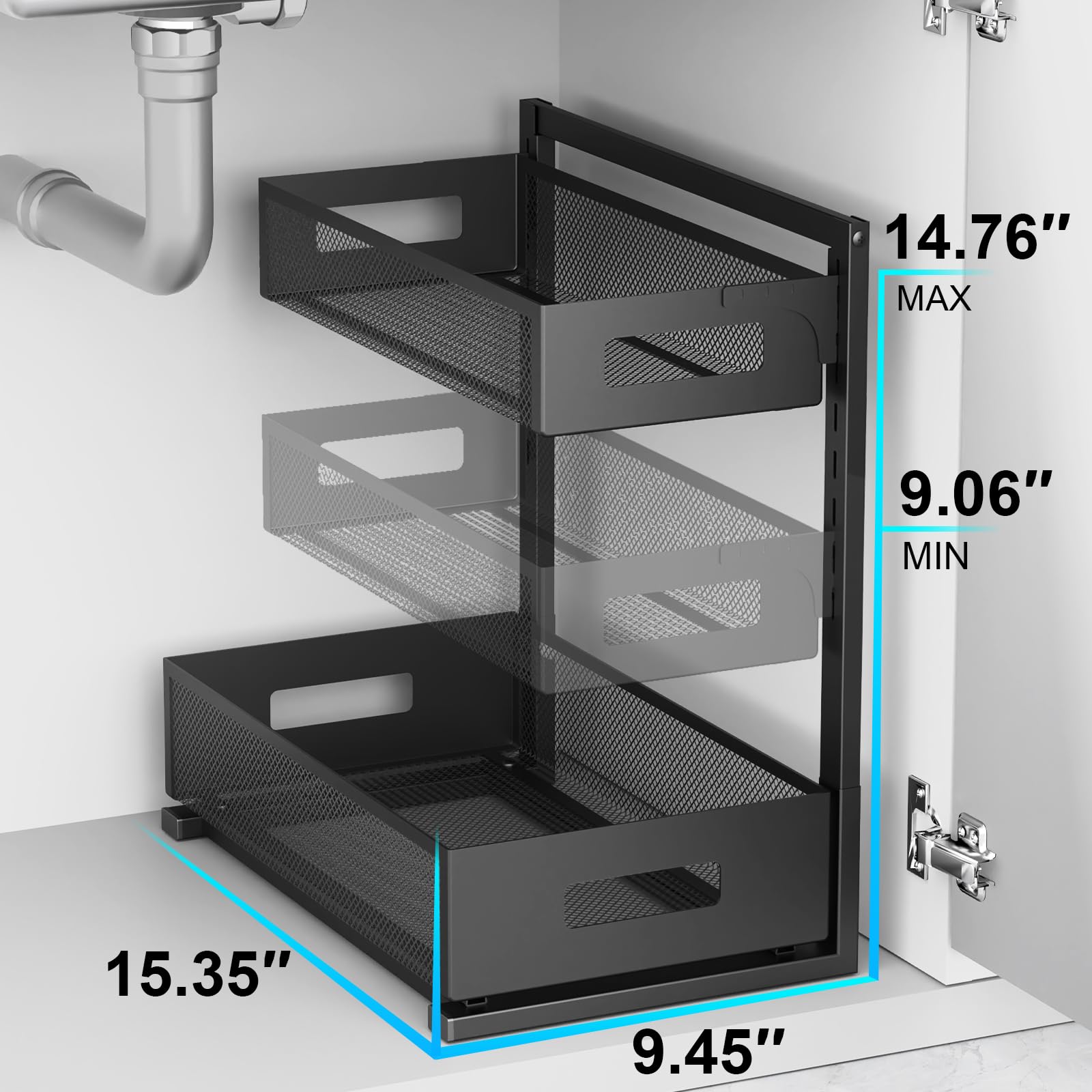 Under Sink Organizer Pull Out Cabinet Organizer Adjustable Height 2 Tier with Sliding Drawers Kitchen Bathroom Organizer and Storage(1pc)
