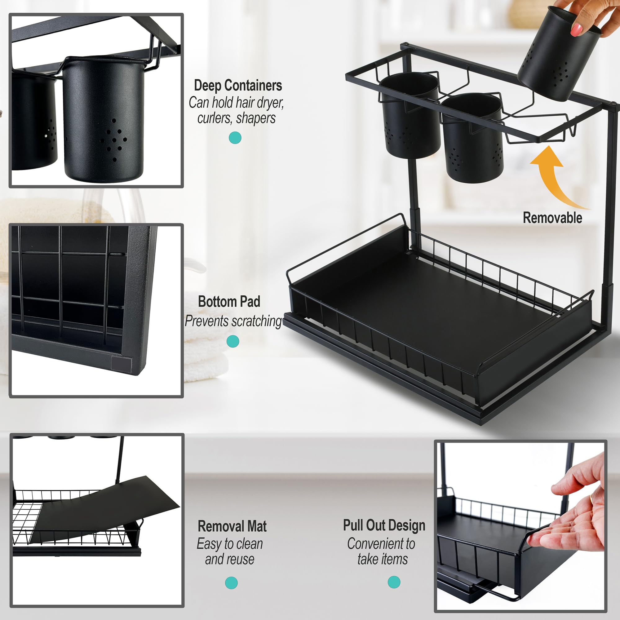 Kamsea Hair Tool Organizer For Bathroom Under Sink for Hair Dryer, Flat Irons, Curling Wands, Hair Straighteners – 2-in-1 Cosmetic Storage with Pull-Out Tray [2 Mats]