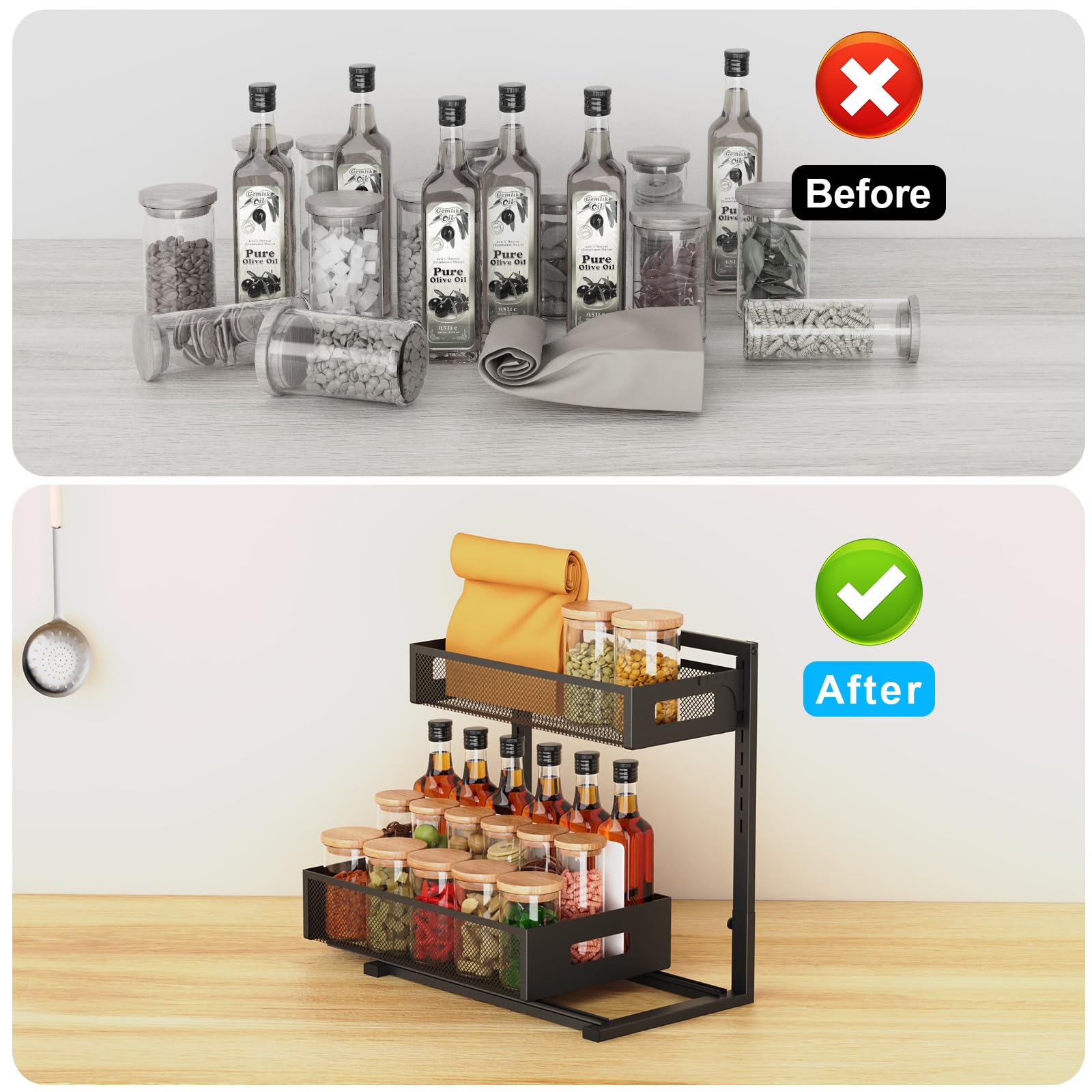 Under Sink Organizer Pull Out Cabinet Organizer Adjustable Height 2 Tier with Sliding Drawers Kitchen Bathroom Organizer and Storage(1pc)