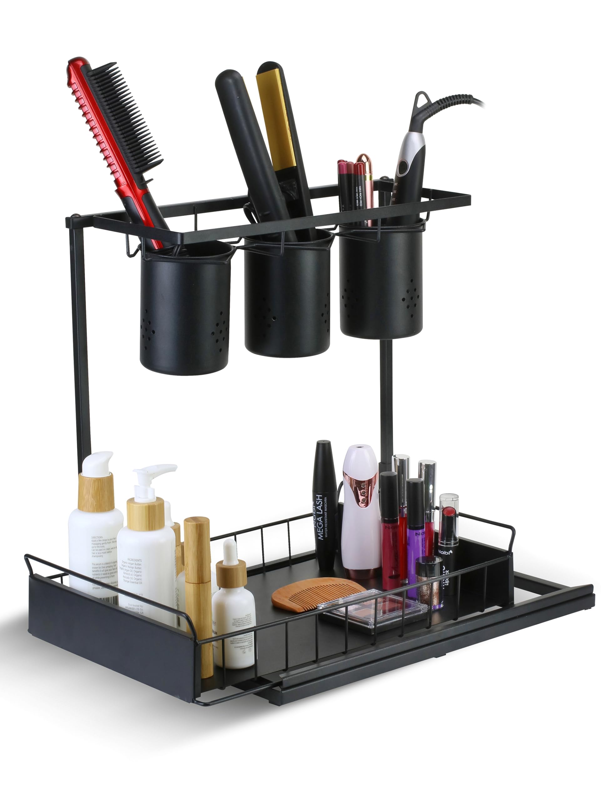 Kamsea Hair Tool Organizer For Bathroom Under Sink for Hair Dryer, Flat Irons, Curling Wands, Hair Straighteners – 2-in-1 Cosmetic Storage with Pull-Out Tray [2 Mats]