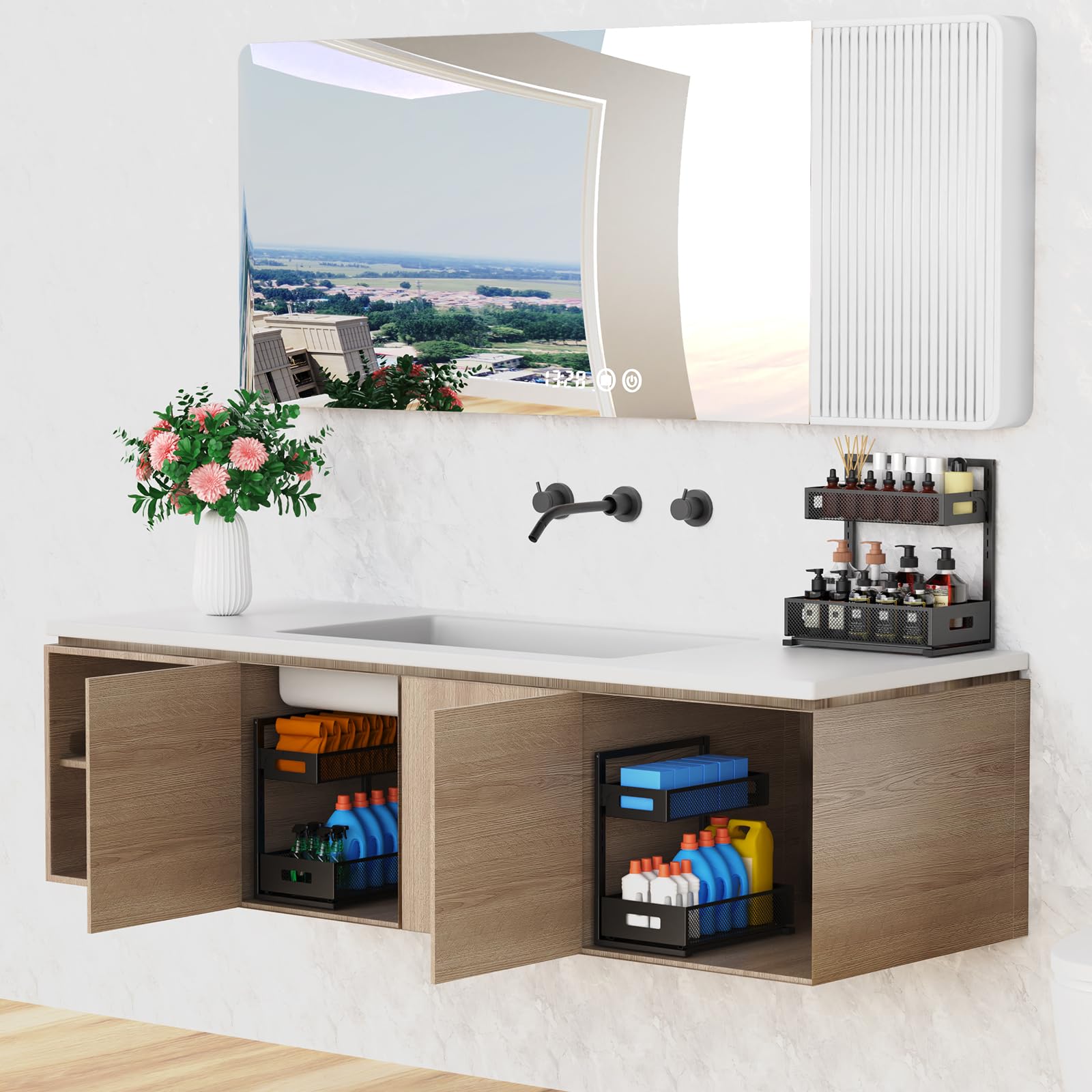Under Sink Organizer Pull Out Cabinet Organizer Adjustable Height 2 Tier with Sliding Drawers Kitchen Bathroom Organizer and Storage(1pc)