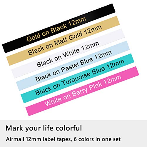 12mm 0.47Inch TZ Ptouch Label Maker Tape Compatible for Brother P Touch PTD210 PTD200 PTH110 PTD400 PTD600 Label Maker, (White/Gold/Pastel Blue/Turquoise Blue/Black/Berry Pink), 6 Pack