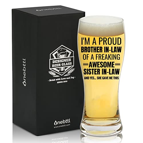 Onebttl Gifts for Brother in Law from Sister in Law, Beer Glass Funny Gift Idea for Christmas, Father's Day, Birthday, Box and Greeting Card Included Proud Brother in Law