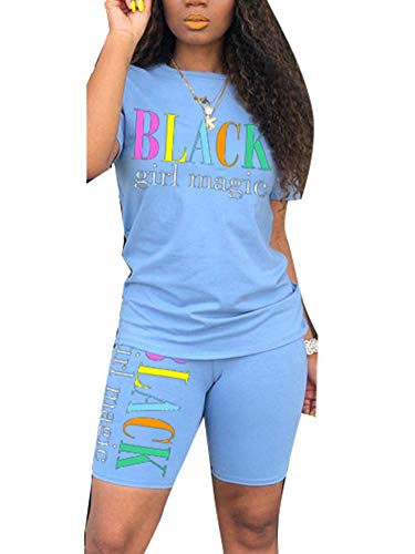Uni Clau Women's Letter Two-Piece Outfit Tracksuit - Casual Short Sleeve T-Shirts Bodycon Shorts Set Jumpsuit Rompers Light Blue