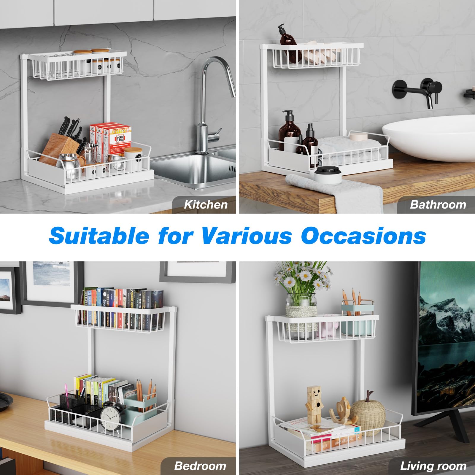 Atorica Under Sink Organizer, Pull Out Cabinet Organizer 2-Tier Slide Out Under Cabinet Storage, Multi-Use Under Kitchen Bathroom Sink Organizers and Storage