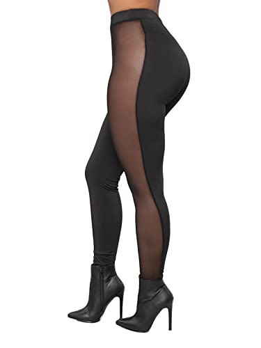 Uni Clau Women Sexy Casual See Through Elastic Pencil Pants Mesh Leggings High Waist Sweatpants Tights Black 2XL