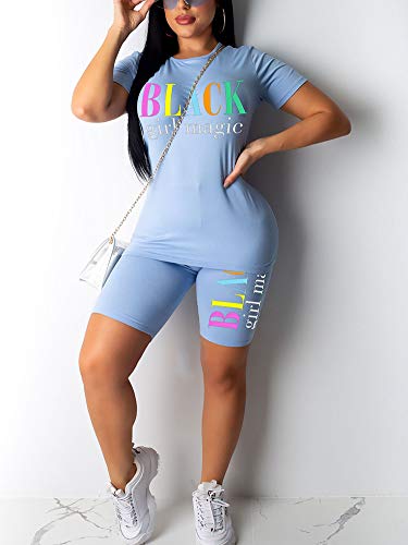 Uni Clau Women's Letter Two-Piece Outfit Tracksuit - Casual Short Sleeve T-Shirts Bodycon Shorts Set Jumpsuit Rompers Light Blue