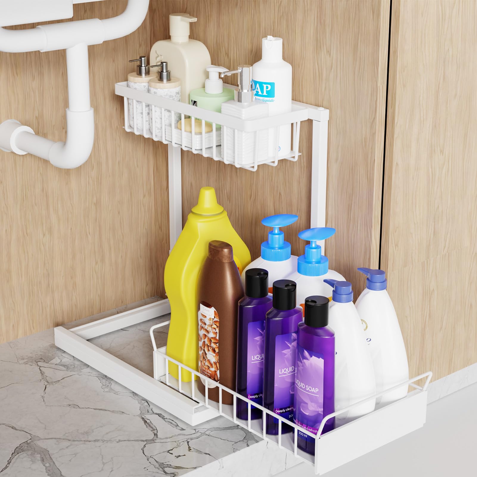 Atorica Under Sink Organizer, Pull Out Cabinet Organizer 2-Tier Slide Out Under Cabinet Storage, Multi-Use Under Kitchen Bathroom Sink Organizers and Storage