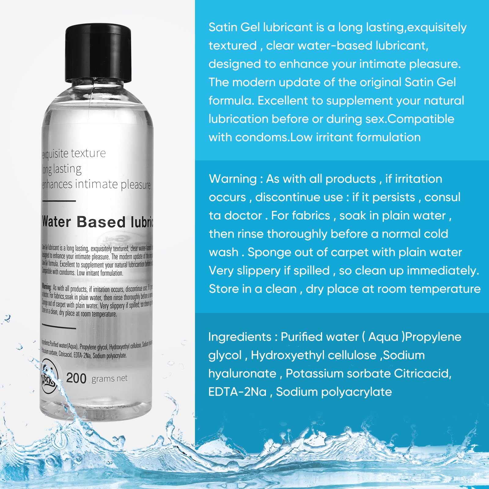 SATIN GEL Water-Based Personal Lube, Sex Lubricant, Lube for Men, Women and Couples, Plant-derived Lubricant, Toy & Condom Compatible 2 Pack