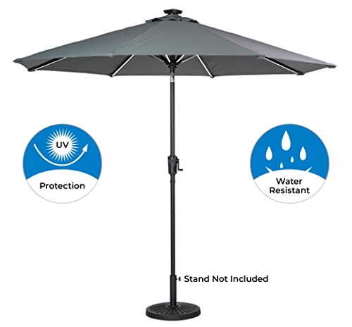 Sun-Ray 811028G 9' Round 8-Rib Next Gen Solar Lighted Patio Umbrella 32 LED Lights, Crank and Tilt, Aluminum Frame, Grey