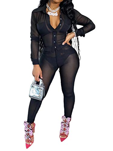 Uni Clau Women Sexy See Through Two Piece Outfits Set Long Sleeve Blouse Sheer Mesh Skinny Pants Club Jumpsuit Black XL