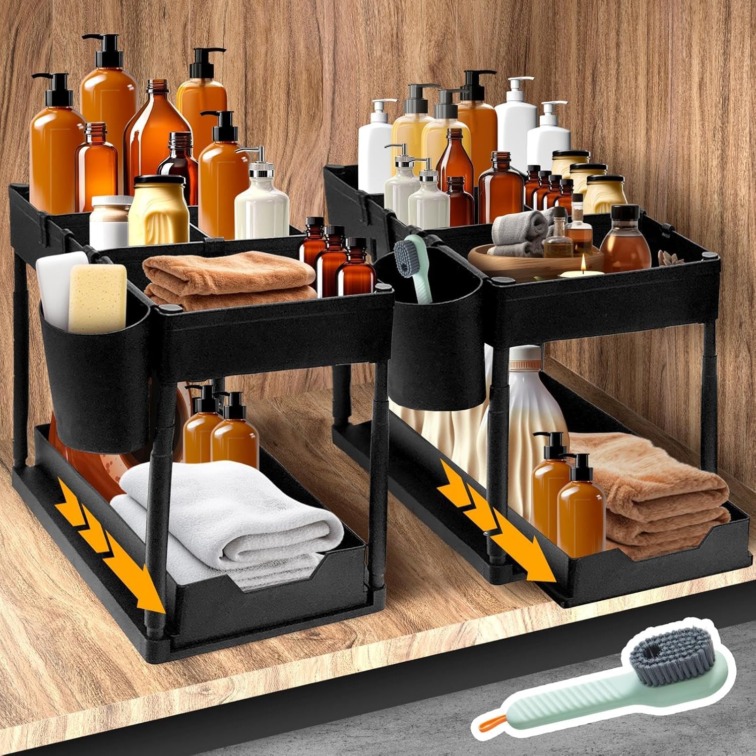 2 Pack Under Sink Organizers and Storage - 2 Tier Pull Out Under Sink Organizer with 2 Hanging Cups & 8 Adjustable Hooks | Multi Purpose Under Sink Storage Shelf Drawers for Bathroom & Kitchen (Black)