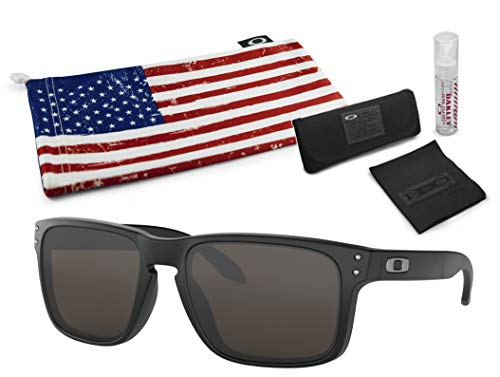 Oakley Holbrook Sunglasses (Matte Black Frame, Warm Grey Lens) with Lens Cleaning Kit and Country Flag Microbag