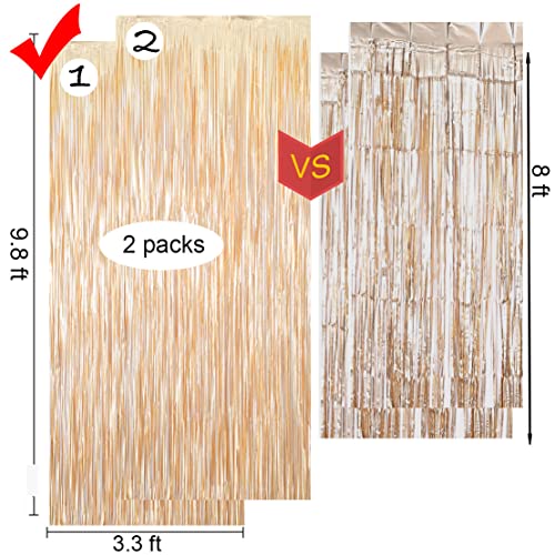 Light Gold Backdrop Curtains -6.6x9.8 feet, Pack of 2 | LILF Matte Foil Fringe Curtain with Non-Marking Tape | Tinsel Streamers Backdrop for Birthday Bachelorette Party Decoration Photo Booth Props