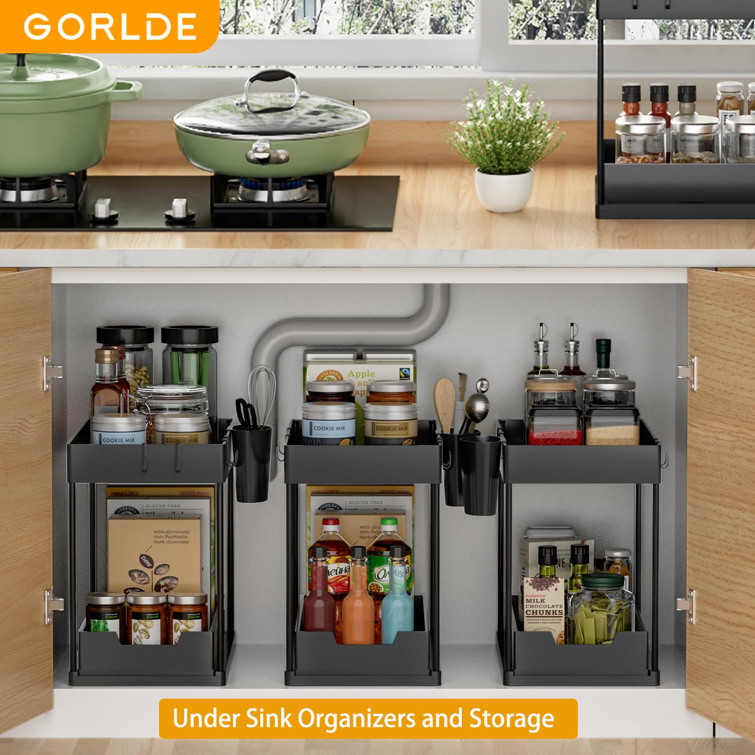 GORLDE Under Sink Organizers and Storage,2 Tier undersink organizers with Pull Out Sliding Drawers,Multi-purpose Bathroom Kitchen Under Cabinet Organizer with Hooks Hanging Cup,Black