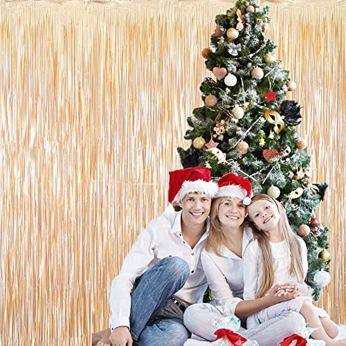 Light Gold Backdrop Curtains -6.6x9.8 feet, Pack of 2 | LILF Matte Foil Fringe Curtain with Non-Marking Tape | Tinsel Streamers Backdrop for Birthday Bachelorette Party Decoration Photo Booth Props