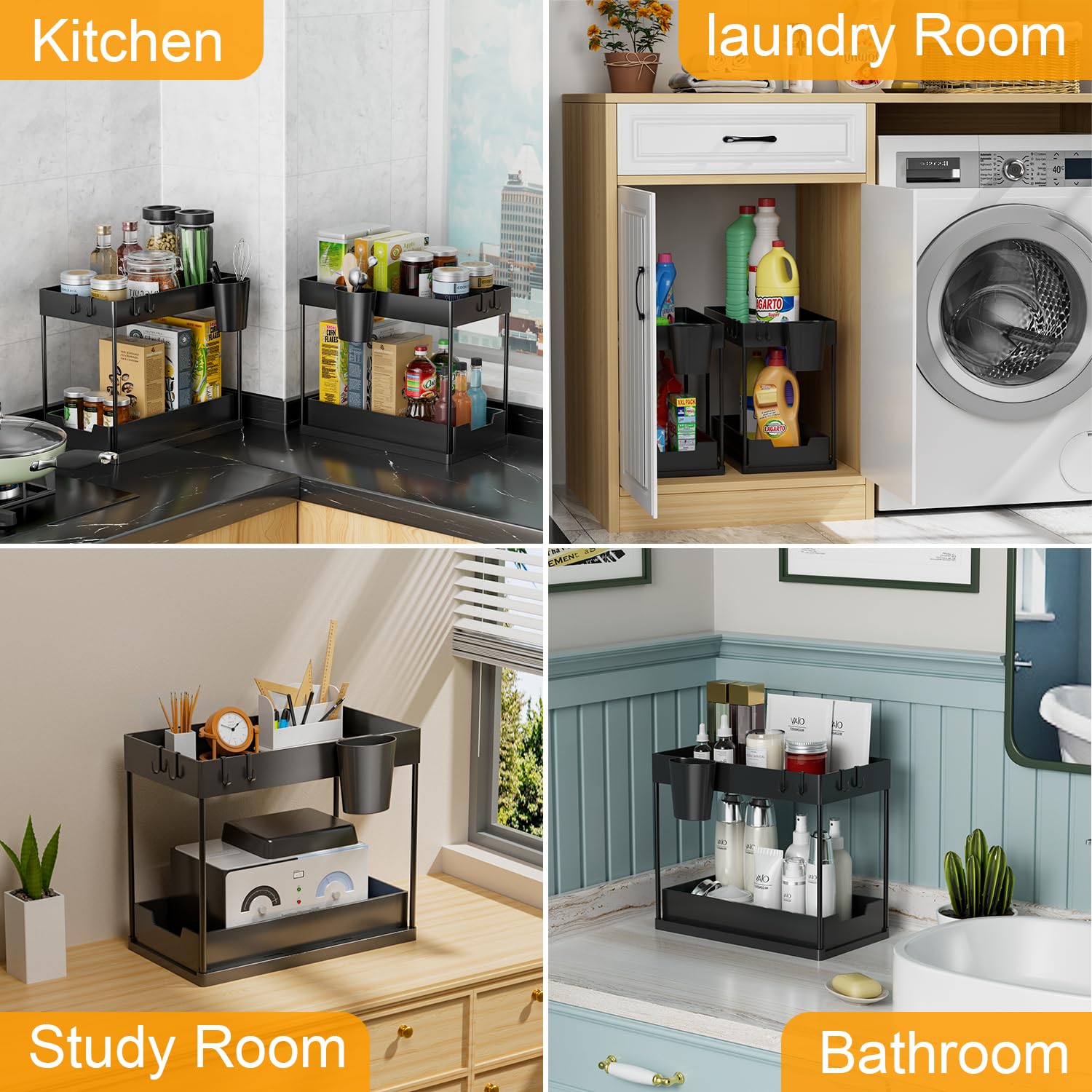 GORLDE Under Sink Organizers and Storage,2 Tier undersink organizers with Pull Out Sliding Drawers,Multi-purpose Bathroom Kitchen Under Cabinet Organizer with Hooks Hanging Cup,Black